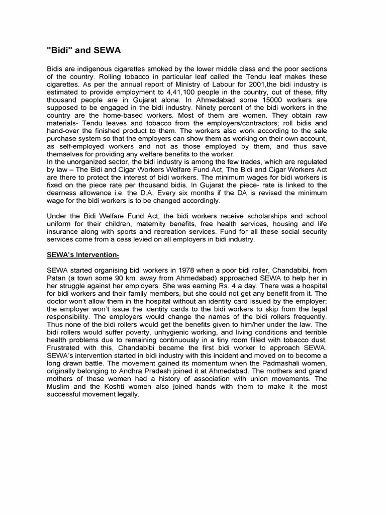 About Bidi Workers and SEWA's Intervention | PDF | Employment | Cigar