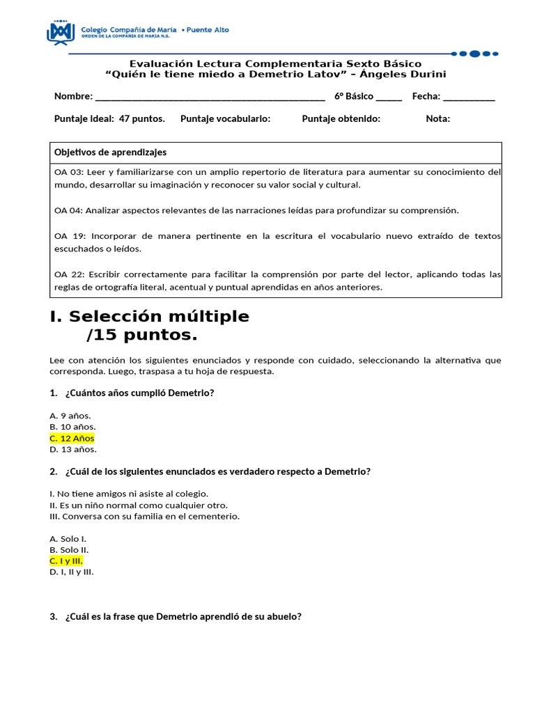 6° Básico - Evaluación LC - Quién Le Tiene Miedo A Demetrio Latov | PDF
