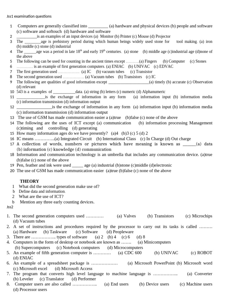 JSS1 Exam Questions and Answers PDF | PDF | Spreadsheet | Software