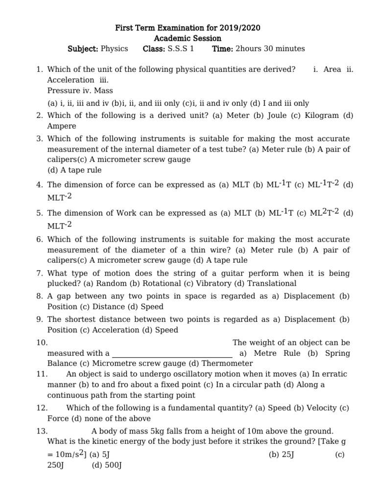 Physics SS1 and 2 First Term Examination 2019-2020 | PDF | Force | Velocity