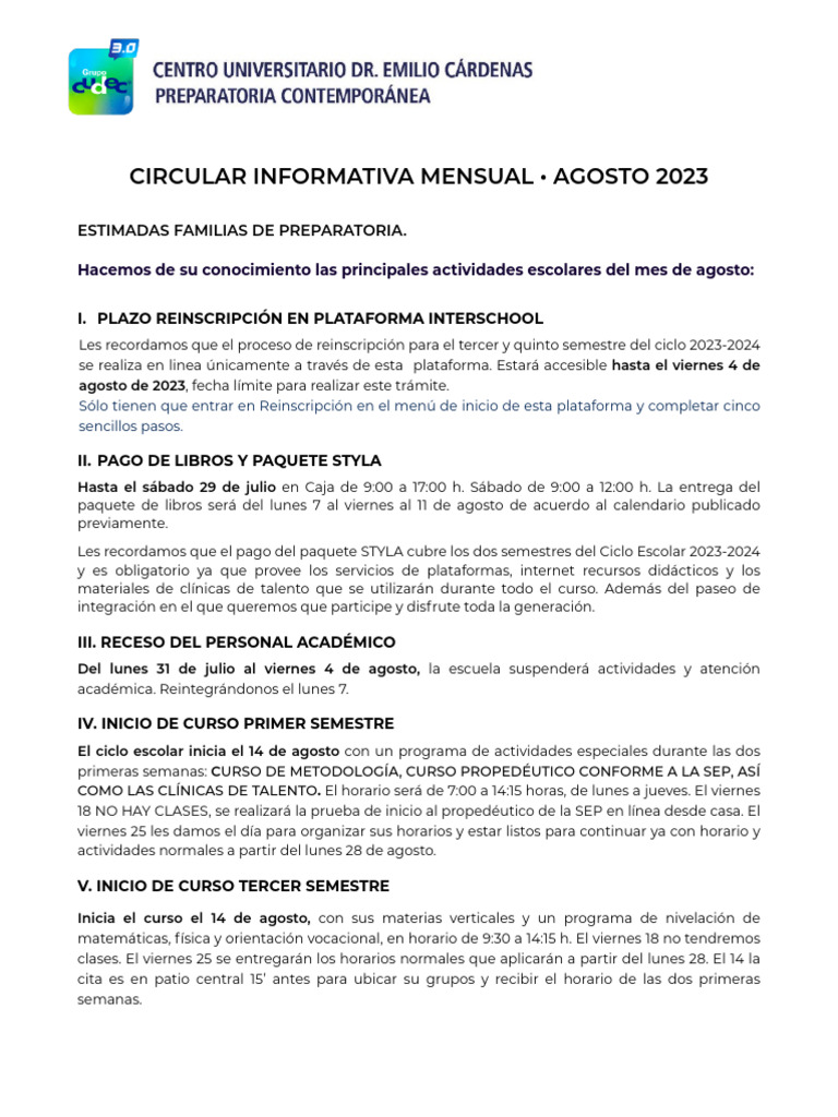 Circular Informativa Mensual - Agosto 2023: Estimadas Familias de Preparatoria | PDF