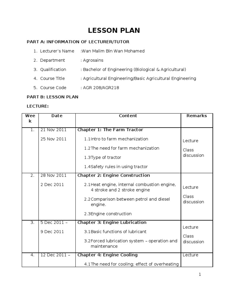 Agricultural Engineering Lesson Plan | PDF | Internal Combustion Engine ...