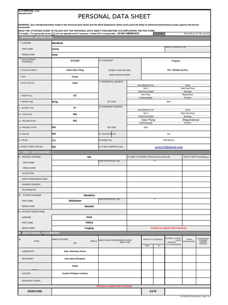CS Form No. 212 Personal Data Sheet Revised | PDF