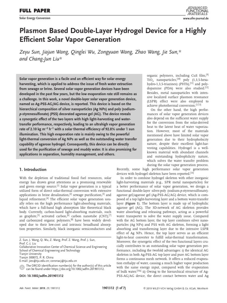 Plasmon Based Double-Layer Hydrogel Device For A Highly Efficient Solar ...