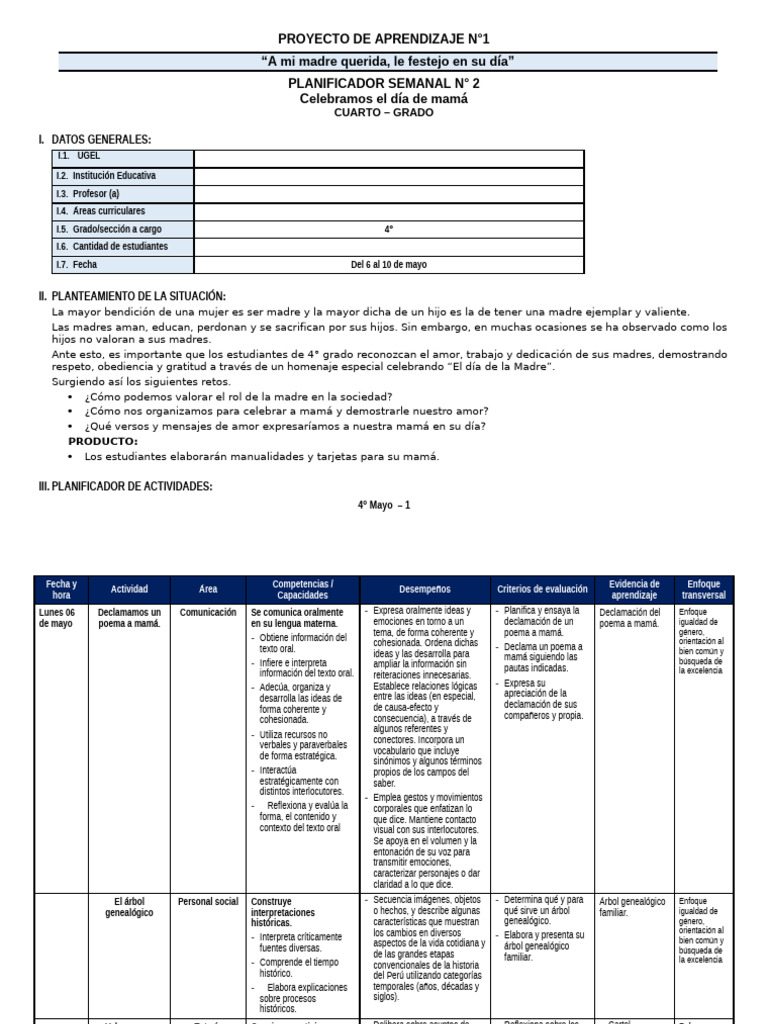 4° Grado - Planificador Semanal Del 06 Al 10 de Mayo | PDF