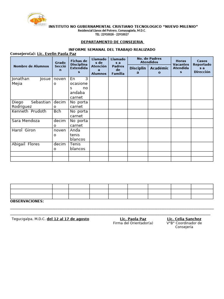 Informe Mensual Del Trabajo Realizado Consejeria | PDF