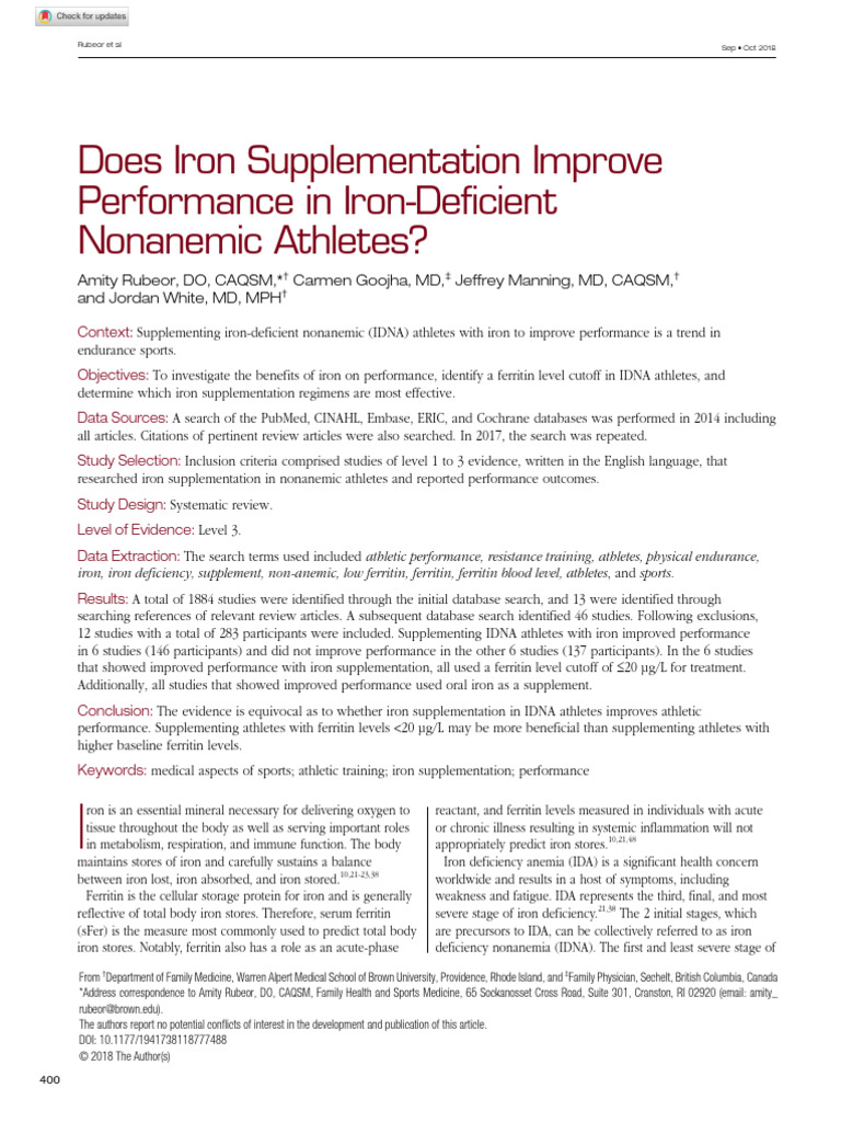 Rubeor Et Al 2018 Does Iron Supplementation Improve Performance in Iron ...