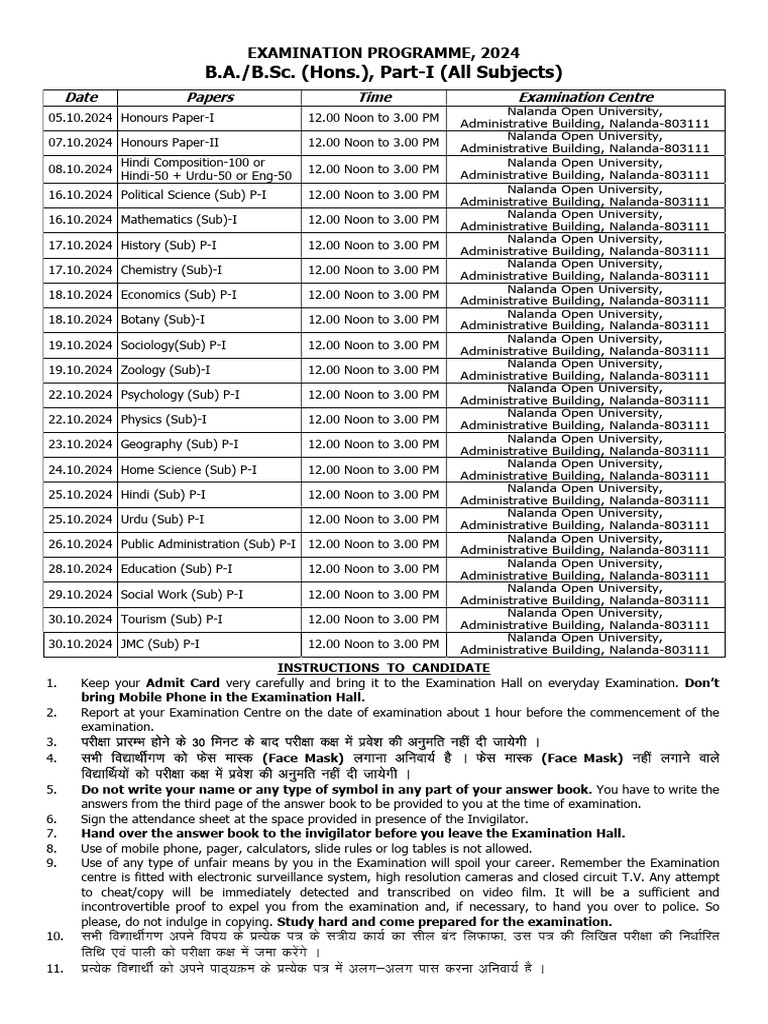 BA - BSC Hons - Part-I - All Subjects - Examination Programme-2024 | PDF
