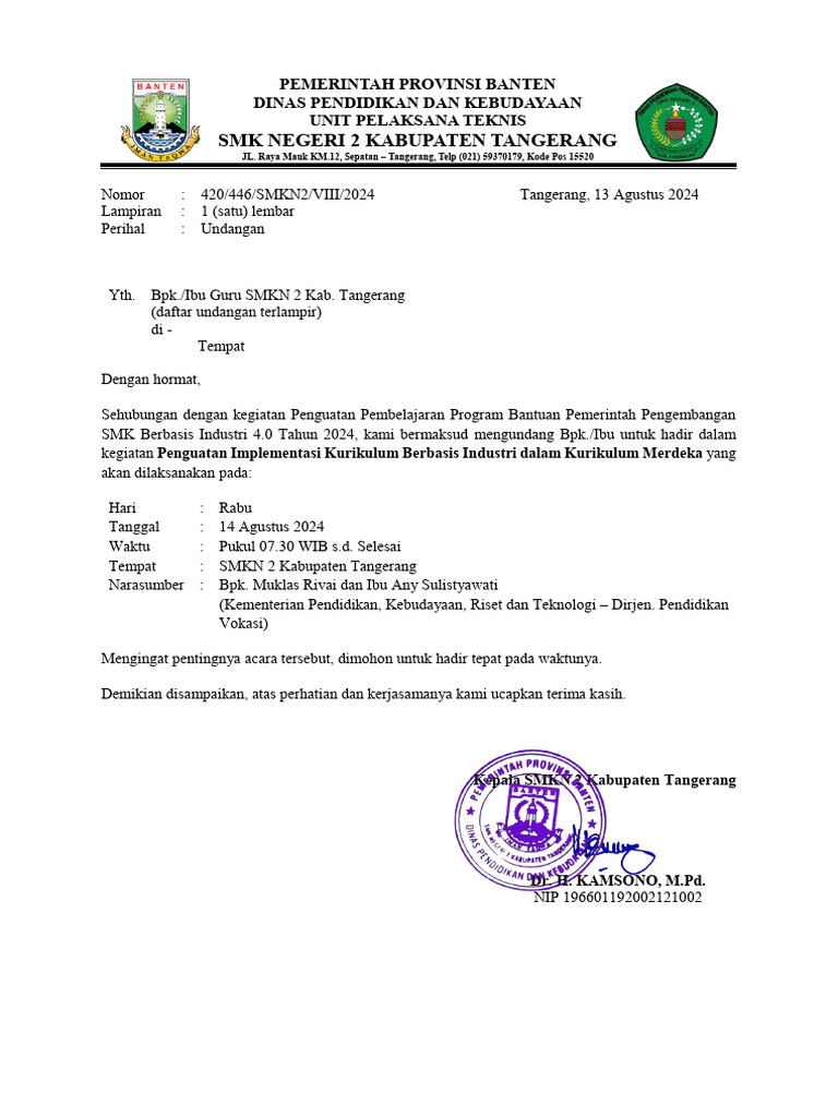 Surat Undangan - Penguatan Implementasi Kurikulum Berbasis Industri Dalam Kurikulum Merdeka | PDF