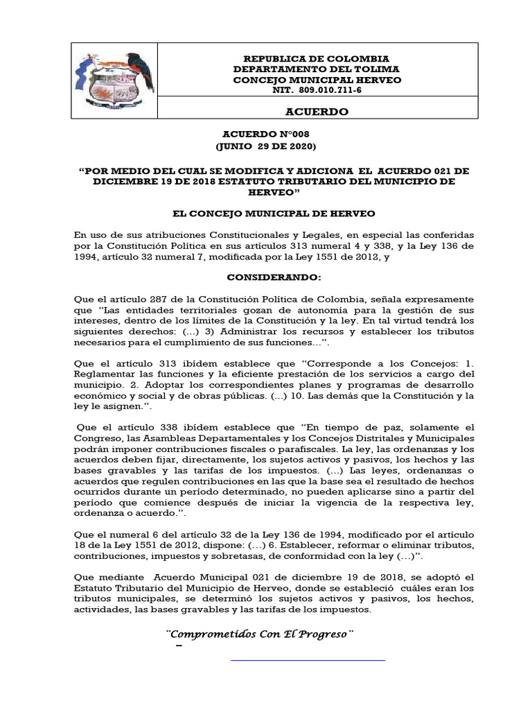 HERVEO - Acuerdo 08 de 2020 | PDF