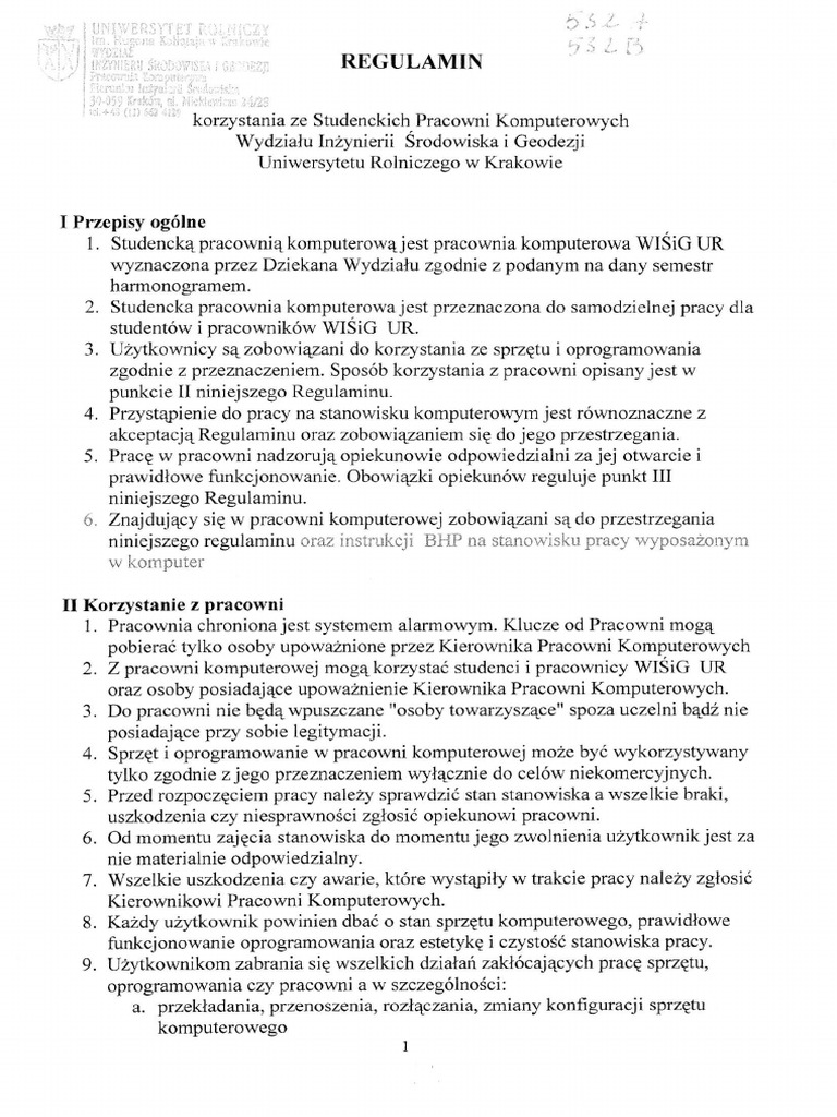 Regulamin Pracownia Komputerowa | PDF