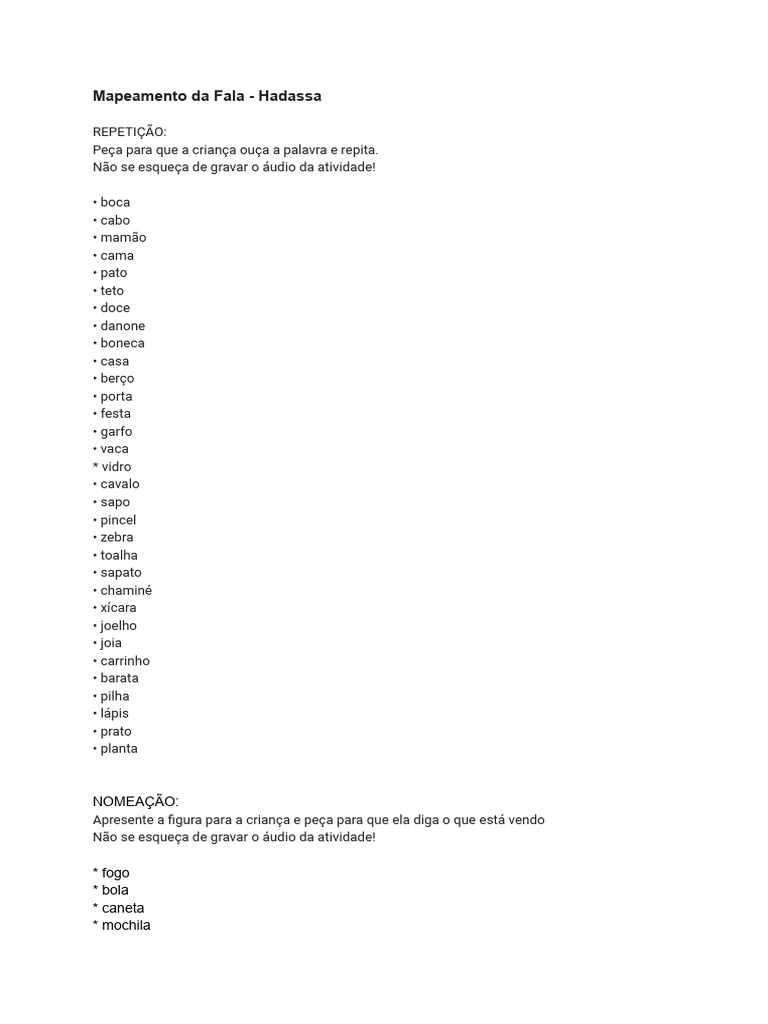 Mapeamento Da Fala - Hadassa | PDF