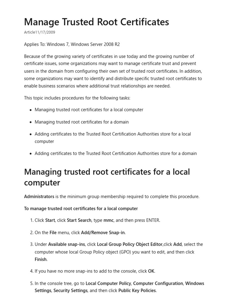Manage Trusted Root Certificates - Microsoft Learn | PDF