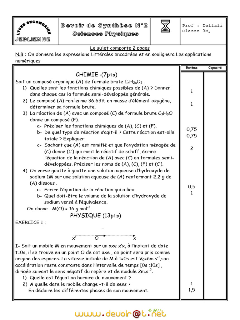 Devoir de Synthèse N°2 - Physique - 3ème Math (2010-2011) MR Dellali | PDF