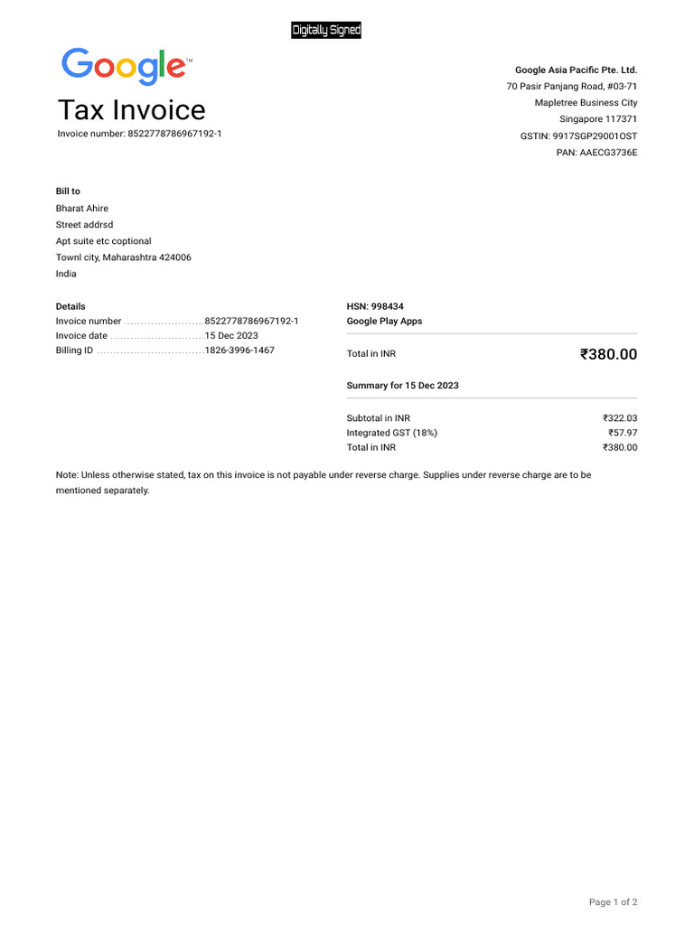 Tax Invoice: Google Asia Pacific Pte. LTD | PDF