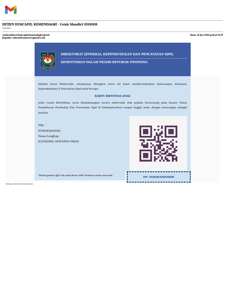 Gmail - DITJEN DUKCAPIL KEMENDAGRI - Cetak Mandiri 20240118 | PDF