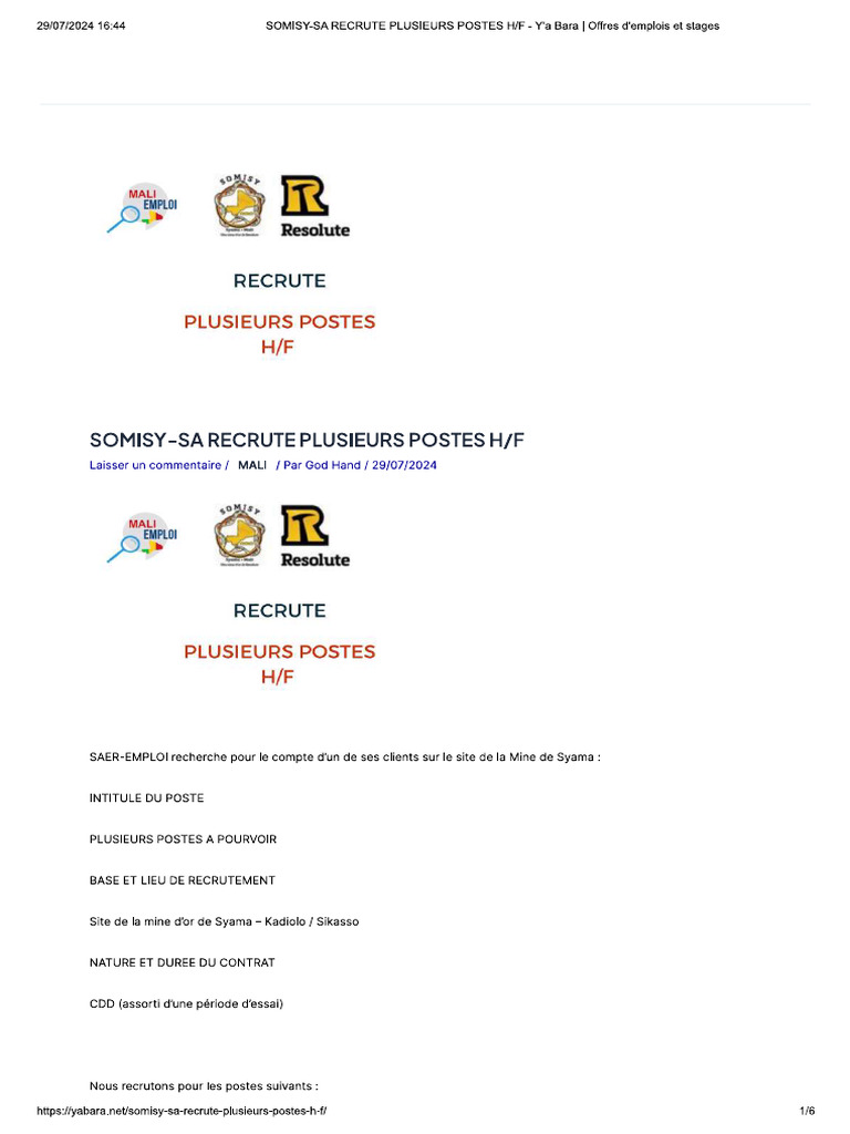 Avis de Recrutement Saer Somisy | PDF