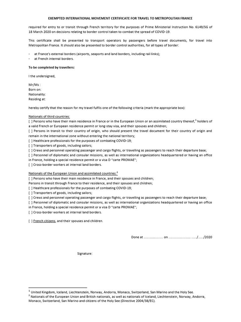 Exempted International Movement Certificate For Travel To Metropolitan ...