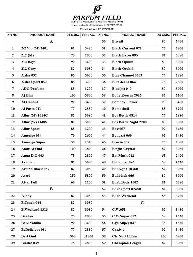 Parfum Field Price List 2024 | PDF
