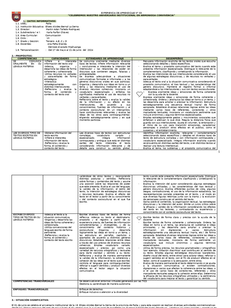 3ro Experiencia de Aprendizaje N°03-Apg 2024 | PDF