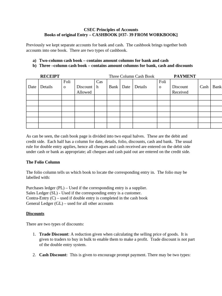 Books of Original Entry - Cashbook | PDF