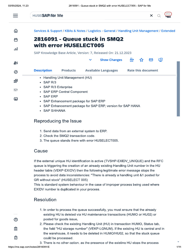 Queue Stuck in SMQ2 With Erros HUSELECT005 | PDF