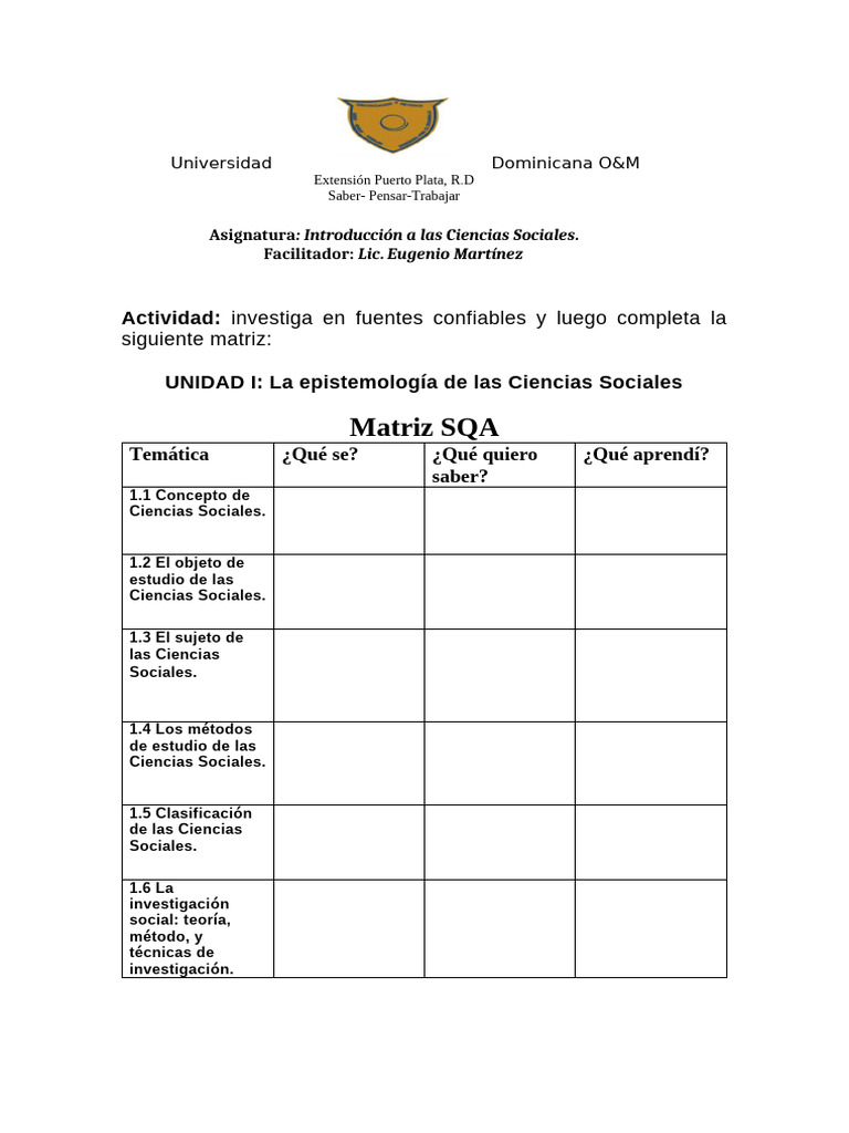 Matriz SQA Unidad 1 La Epistemologia de Las Ciuencias Sociales. I.C.S. | PDF | Ciencia y ...