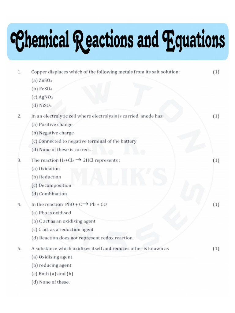Chemical Reactions and Equations Test | PDF