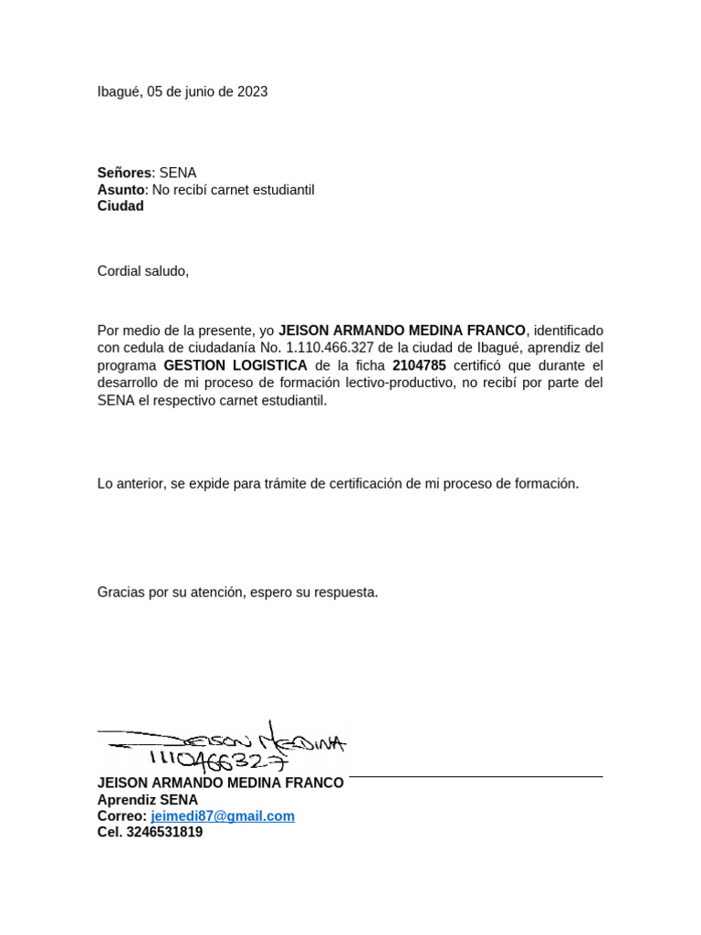 CARTA CARNET SENA | PDF