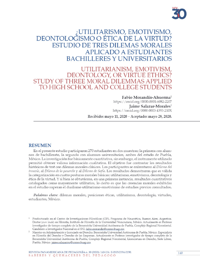 Utilitarismo, Emotivismo, Deontologismo o Ética de La Virtud. Estudio ...
