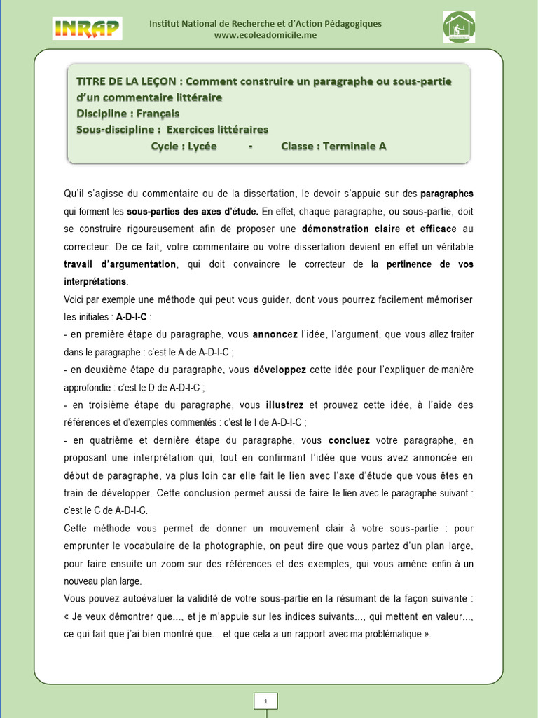 FRANC - Term A - Comment Construire Un Paragraphe Ou Sous-Partie Du ...
