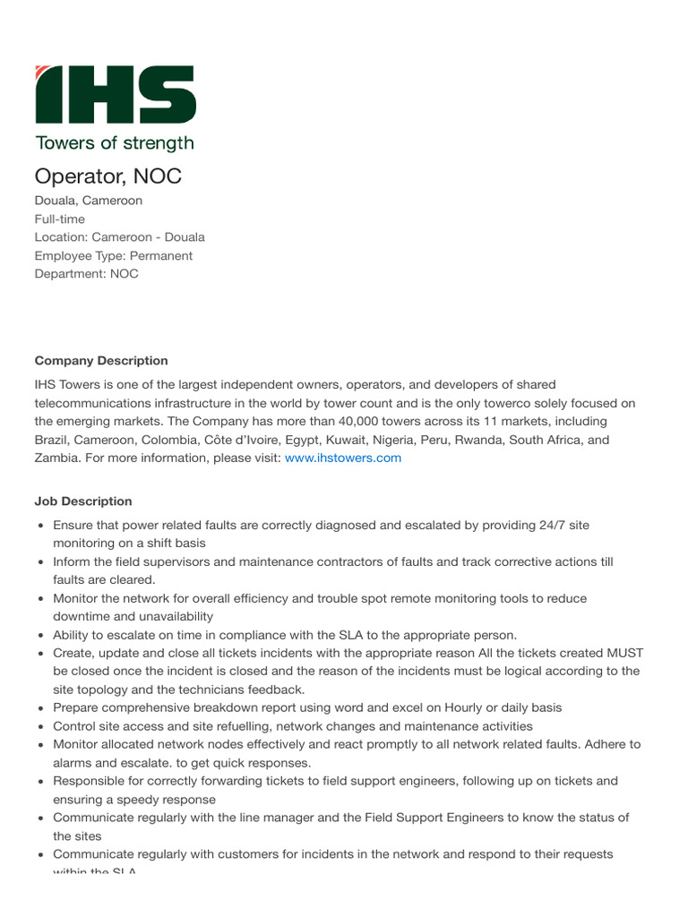 IHS Towers Operator, NOC - SmartRecruiters | PDF