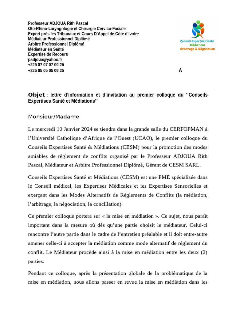 Lettre D'information Et D'invitation Au Colloque | PDF