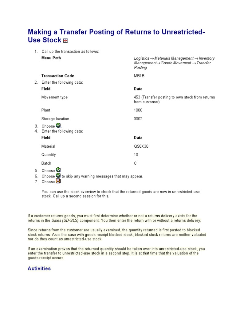 Transfer Posting Returns to Unrestricted Stock | PDF | Warehouse | Receipt