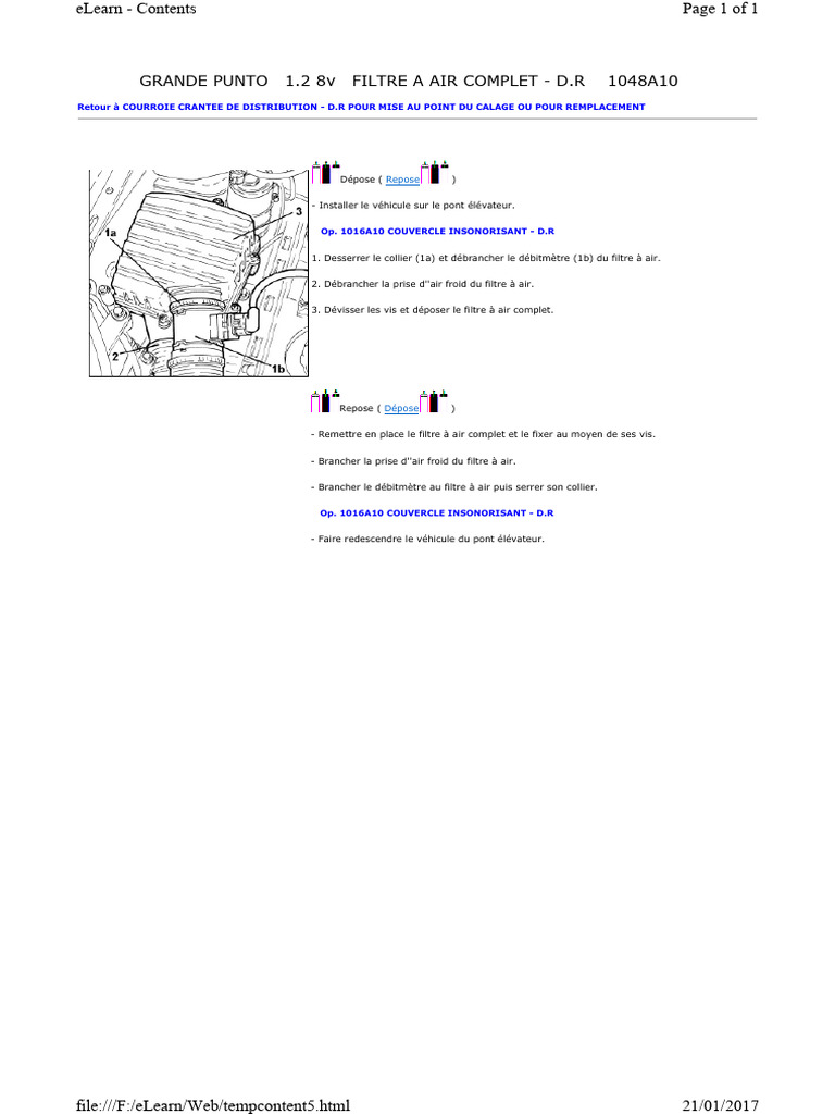 Grande Punto 1.2 8V Filtre A Air Complet - D.R 1048A10 | PDF