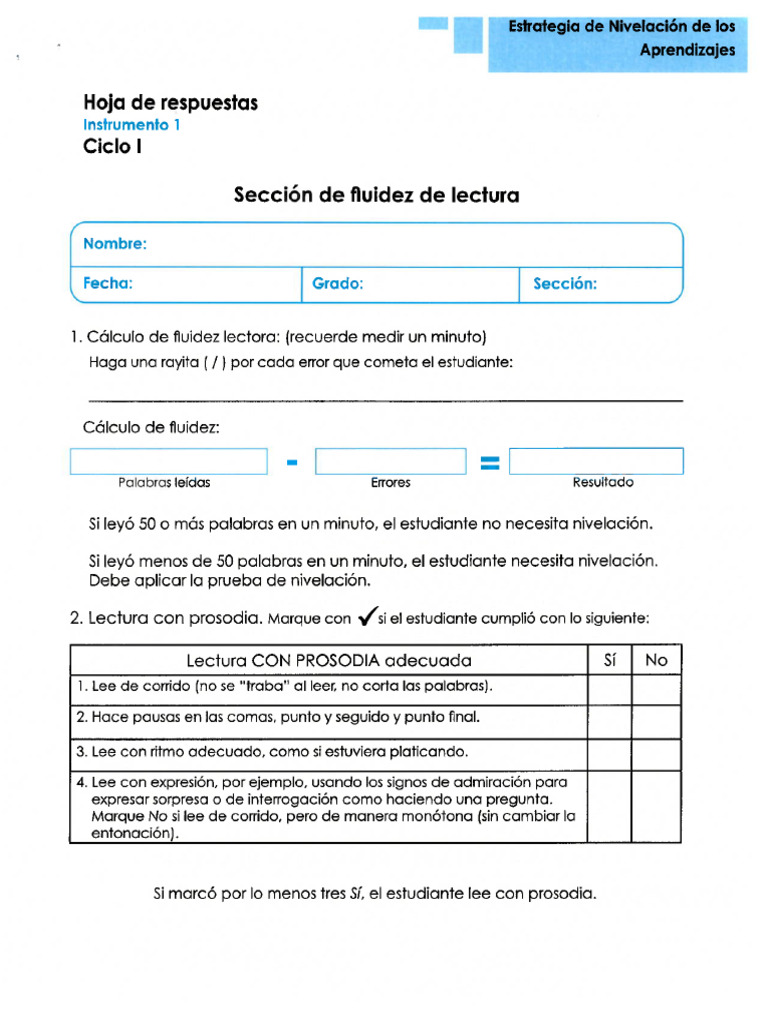 Hoja de Respuesta, Lectura y Escritura 2do. y 3ro. | PDF