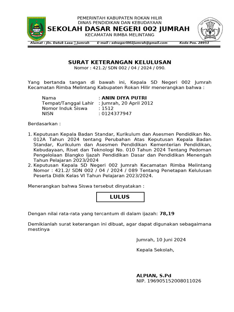 Surat Keterangan Lulus SD (SKL) | PDF