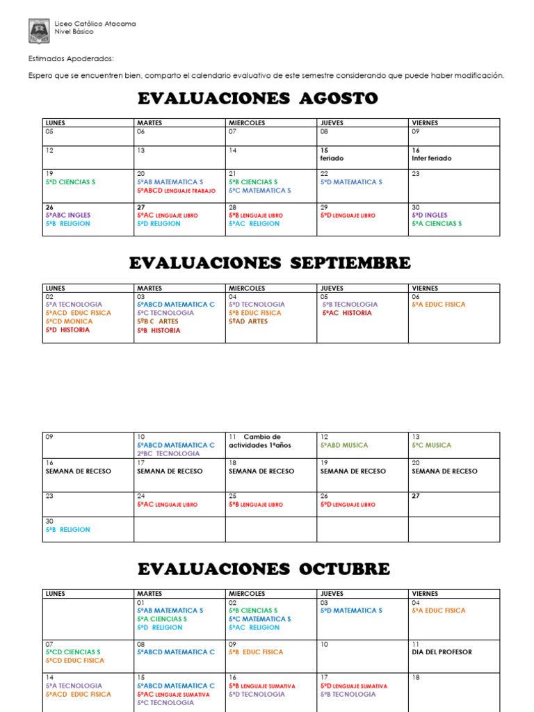 5° Evaluaciones Segundo Semestre | PDF
