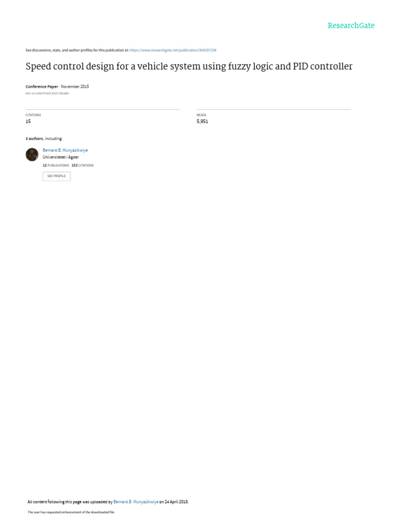 Speed Control Design For A Vehicle System Using Fuzzy Logic and PID Controller | PDF