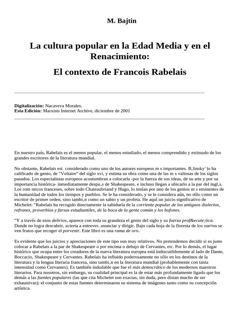 La Cultura Popular en La Edad Media y El Renacimiento. | PDF