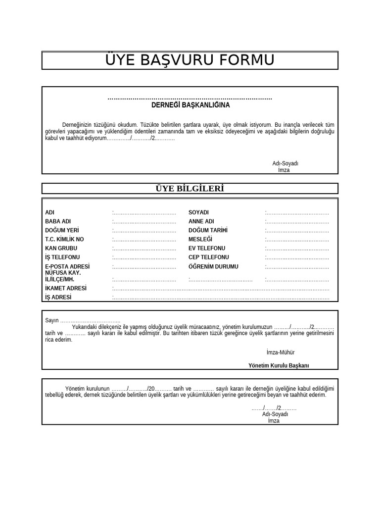 Dernek Uye Basvuru Formu Ornegi | PDF