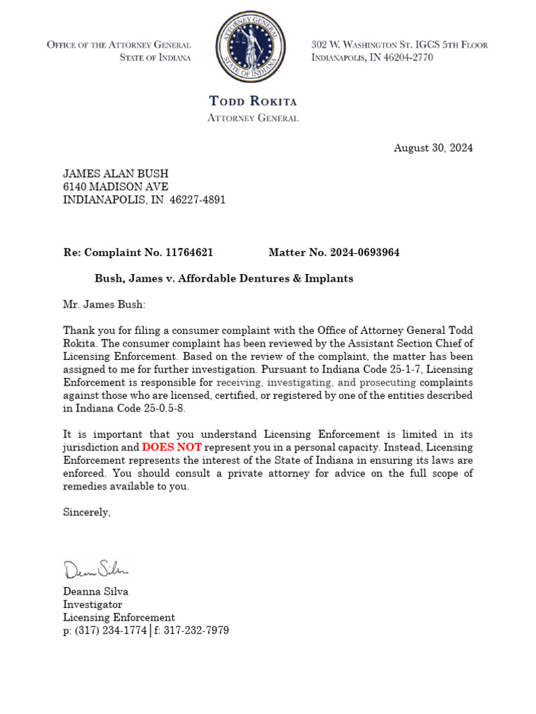 Acknowledgement of Complaint Against Affordable Dentures For ...