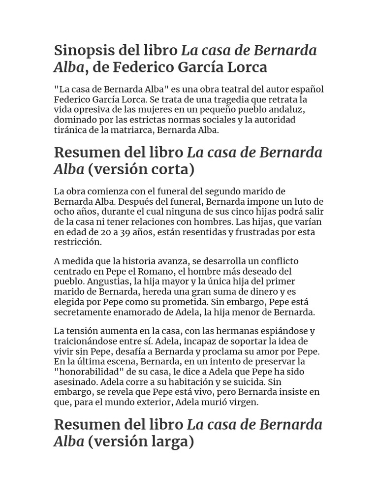 Resumen de La Casa de Bernarda Alba - Federico | PDF