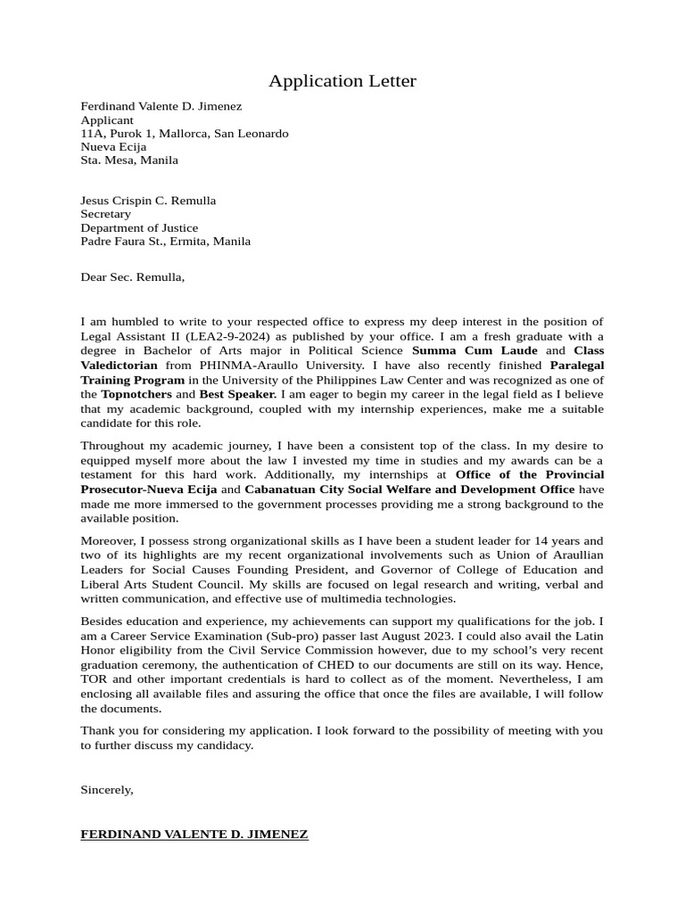 Application Letter DOJ Manila | PDF