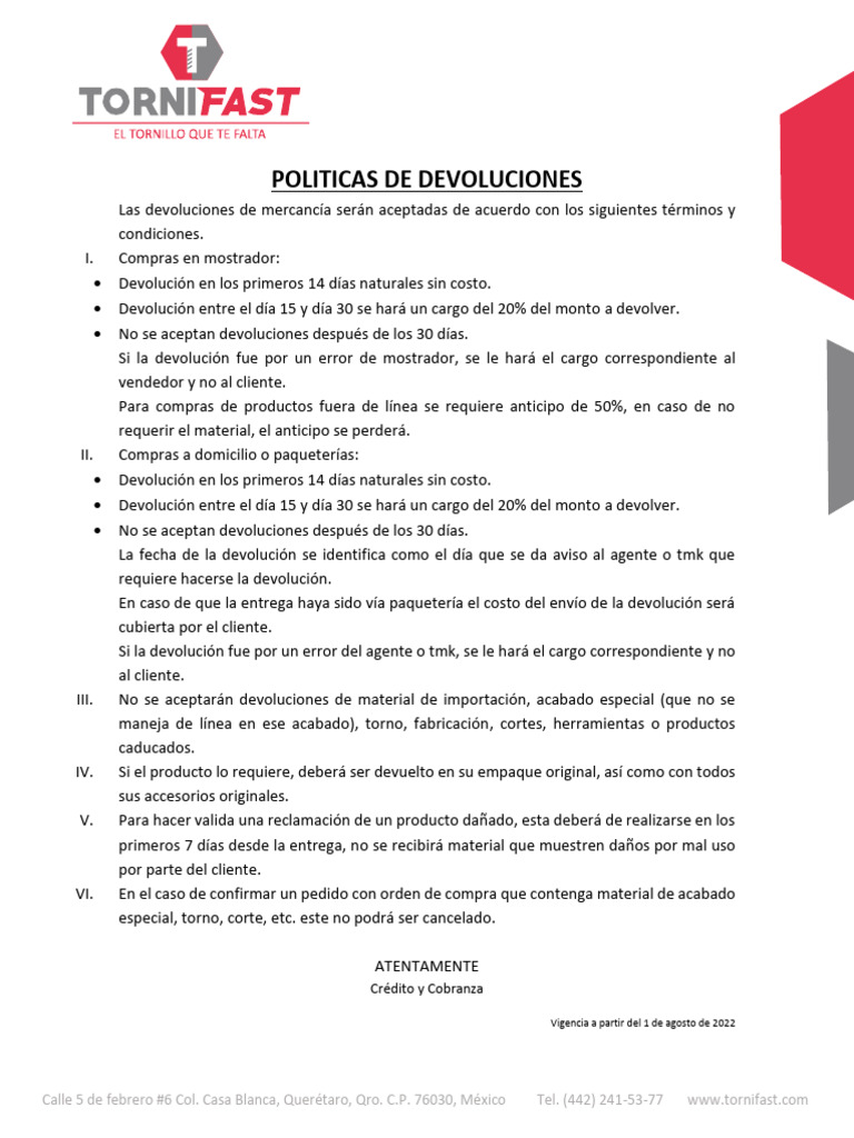Politicas de Devolucion | PDF