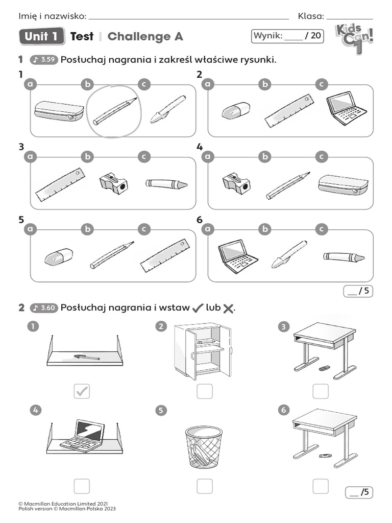 Kids-Can 1 Test Unit-1 Challenge-A | PDF