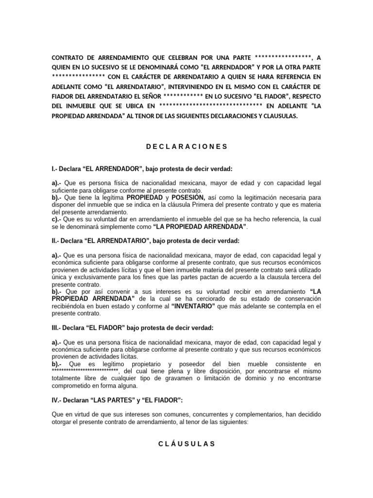 Machote Contrato de Arrendamiento Con Fiador y Garantía Mueble | PDF