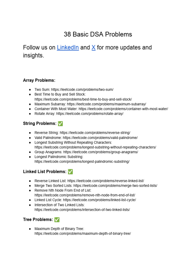 38 Basic DSA Problems For Fresher | PDF | String (Computer Science) | Applied Mathematics