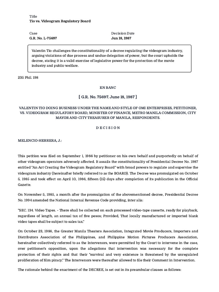 G.R. No. L-75697 - Tio vs. Videogram Regulatory Board | PDF