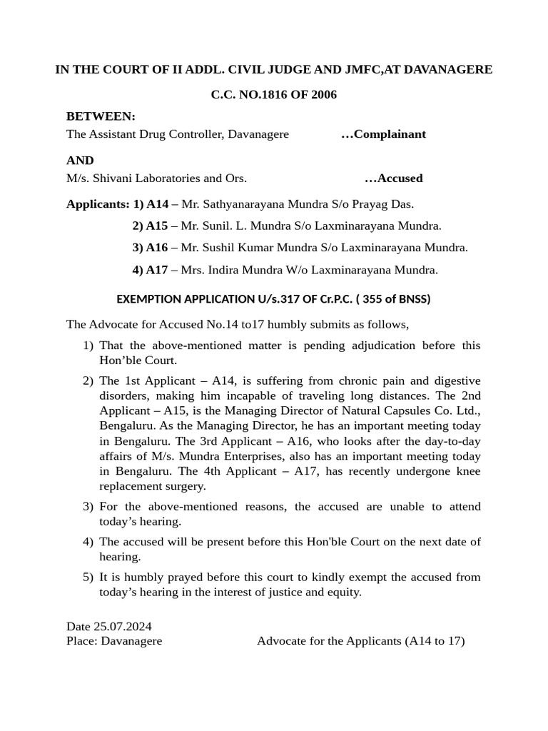 Exemption Application Under BNSS 355 | PDF